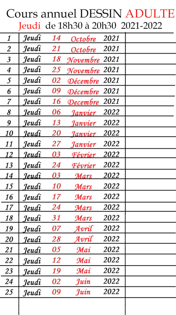 Planning Dessin Adulte – LES ATELIERS DE LENA